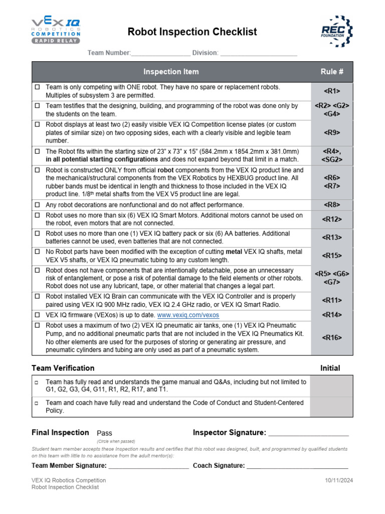 VIQRC Rapid Relay Robot Inspection Checklist _v3_2024-10-11 | PDF