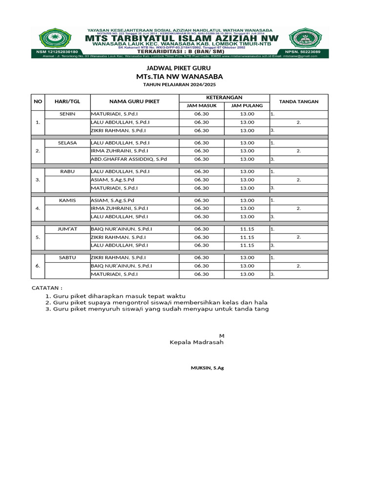 Jadwal Piket MTS 2024-2025 | PDF