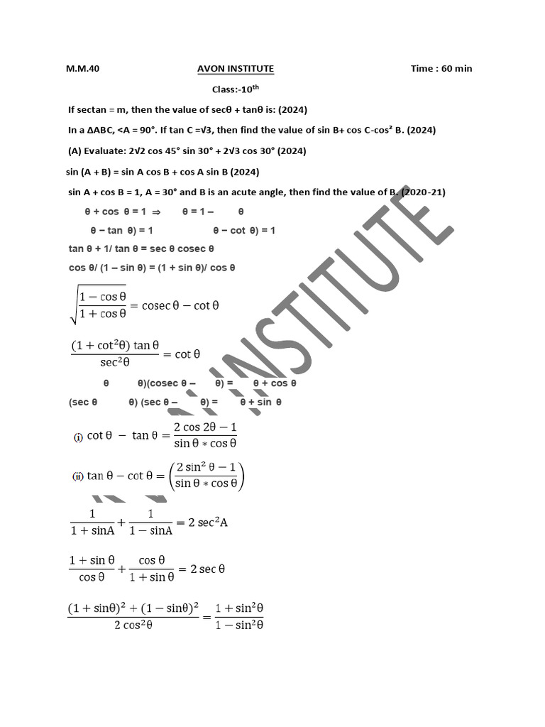 10th trigonometry imp question pdf | PDF
