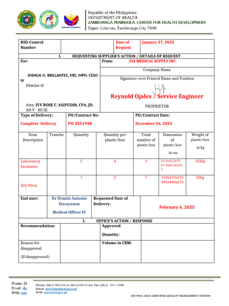 FIA Medical Supply Delivery Request | PDF | Food And Drug Administration