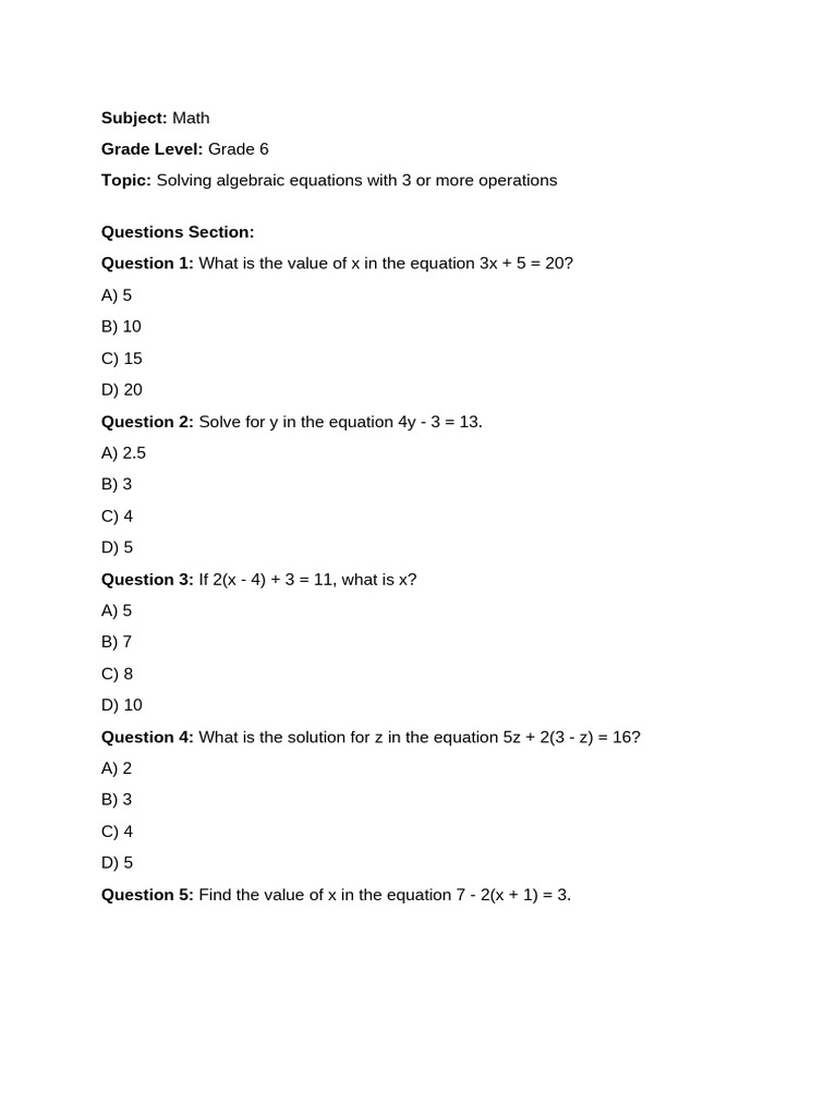 Quiz - Solving Algebraic Equations With 3 or More Operations | PDF ...