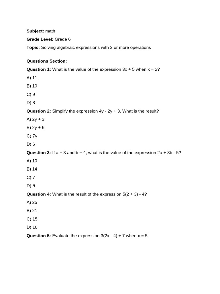 Quiz - Solving Algebraic Expressions With 3 or More Operations | PDF ...
