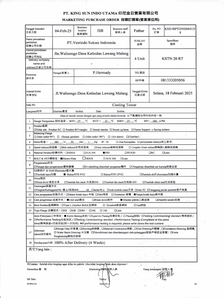 PO Pabrik PT.vestindo Sukses Indonesia - KSTN 20 RT x 4 Unit (2025.02. ...