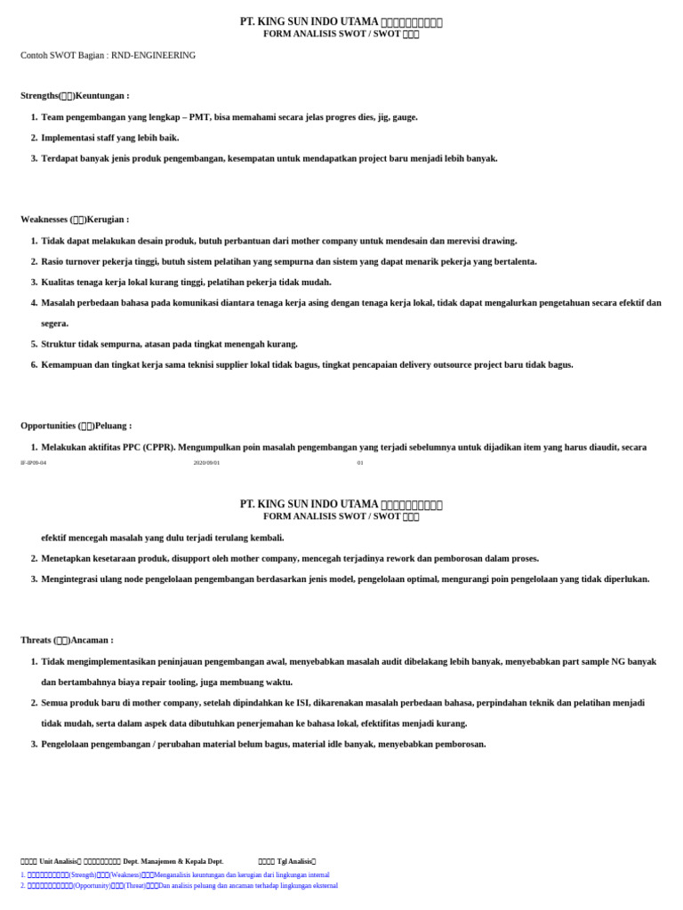 (RND) IF-IP09-04-01SWOT分析表Form Analisis SWOT 20200901 | PDF