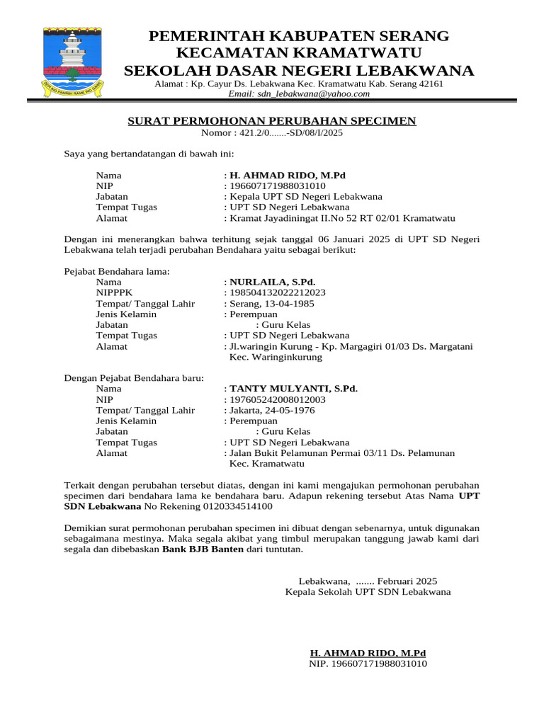 SURAT PERMOHONAN PERUBAHAN SPECIMEN BENDAHARA 2025 | PDF