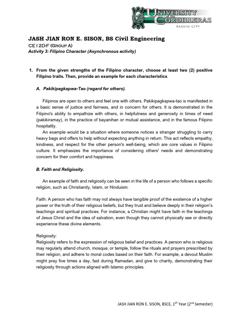 SOCSCI 101N - Activity 3 - Filipino Character (Asynchronous Activity) | PDF | Faith | Traditions