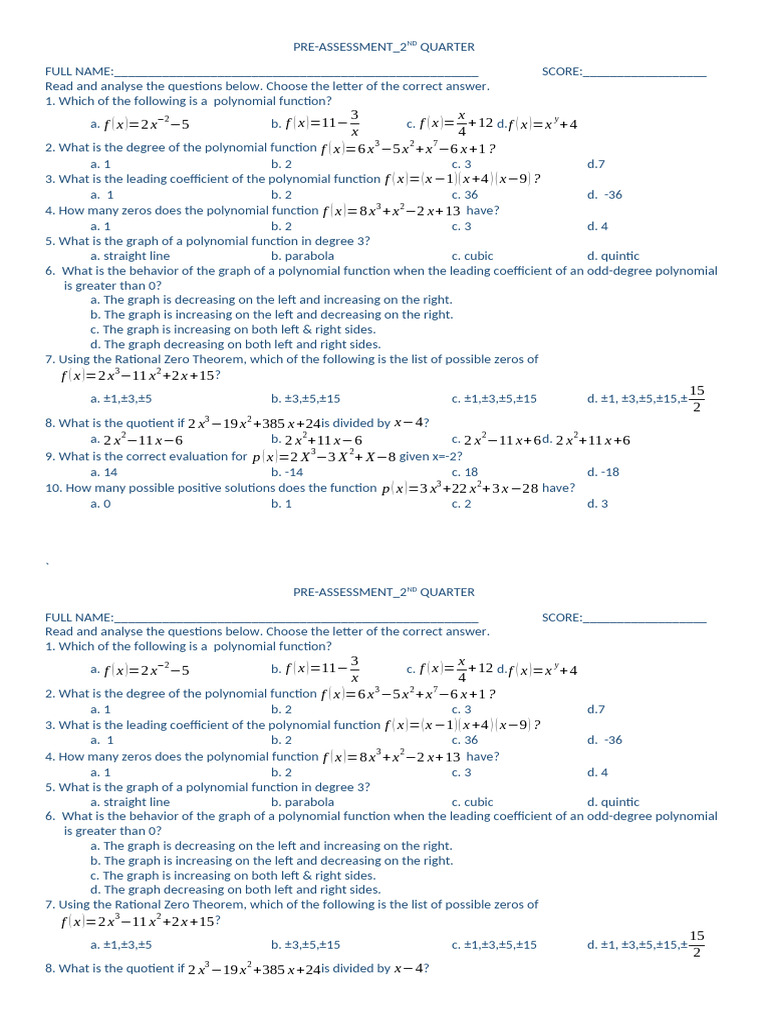 Pre-Assessment - 2ND Quarter - Polynomials | PDF | Polynomial | Function (Mathematics)