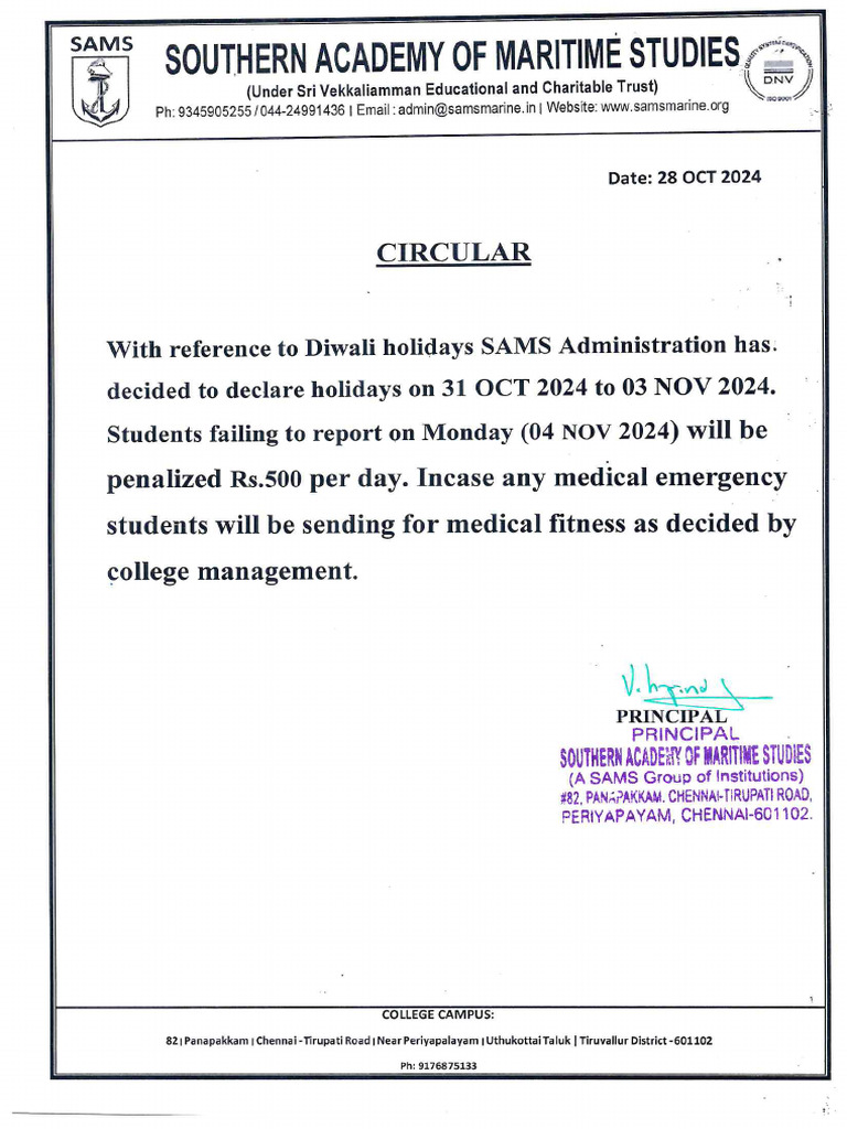 Diwali Circular For Student | PDF