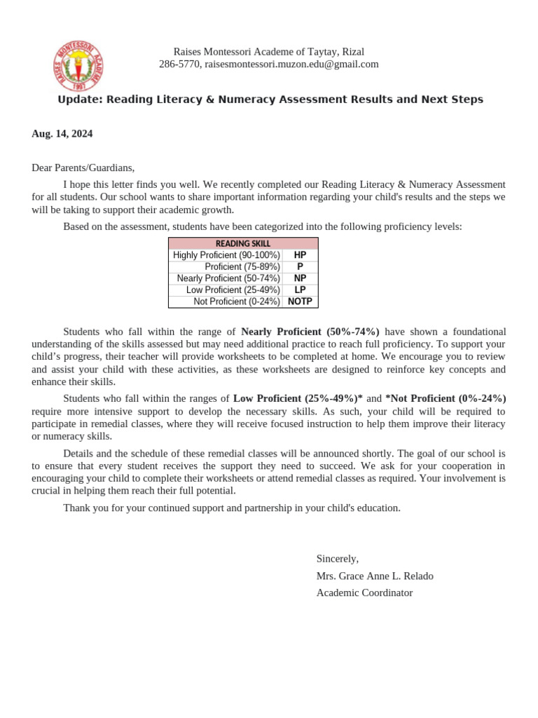 Letter - Reading & Numeracy Assessment | PDF | Literacy | Cognition