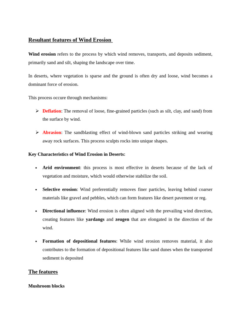 Wind Erosion Features in Deserts | PDF | Erosion | Desert