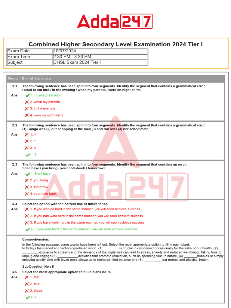 SSC CHSL Tier 1 Question Paper 10 July 2024 Shift 3 | PDF | Relaxation ...