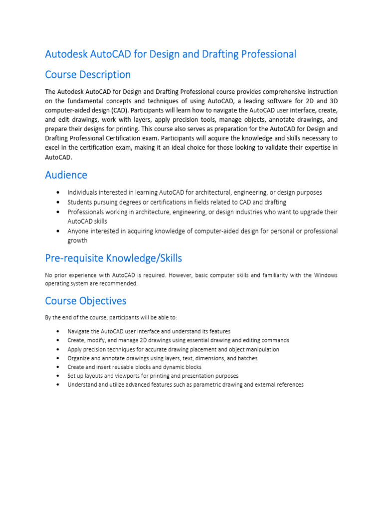 Autodesk Autocad For Design and Drafting Professional Course ...