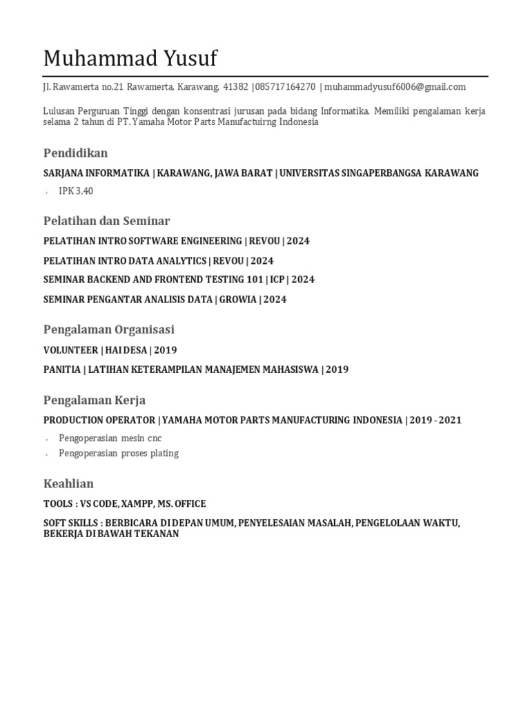 CV Muhammad Yusuf S.kom Karawang 055238 | PDF