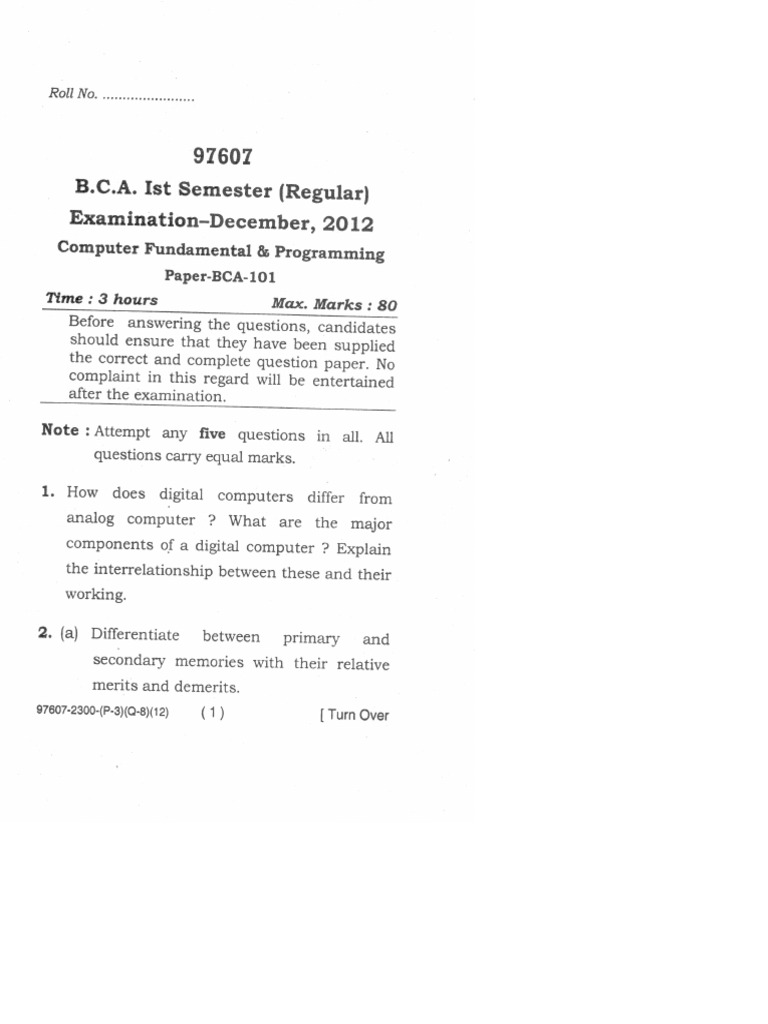 Bca 1 Sem Computer and Programming Fundamentals 97661 Dec 2012 | PDF