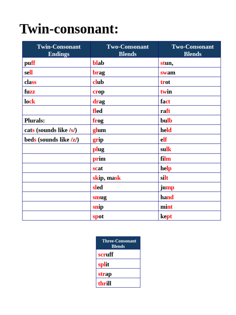Twin-Consonant:: Twin-Consonant Endings Two-Consonant Blends Two ...