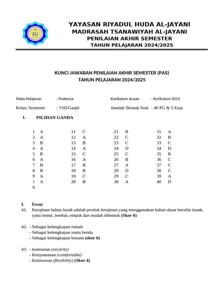 KJ PAS Prakarya Kelas 8 TH 24-25 | PDF