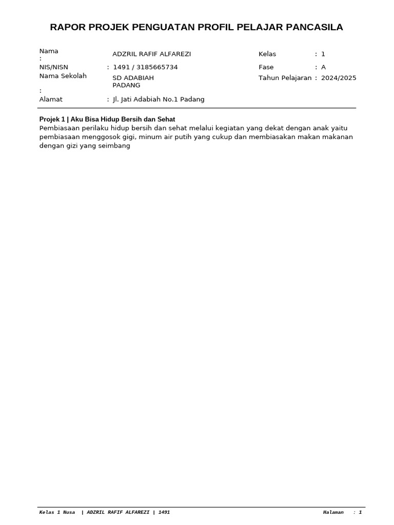 Rapor p5 Kls Kelas1nusa | PDF