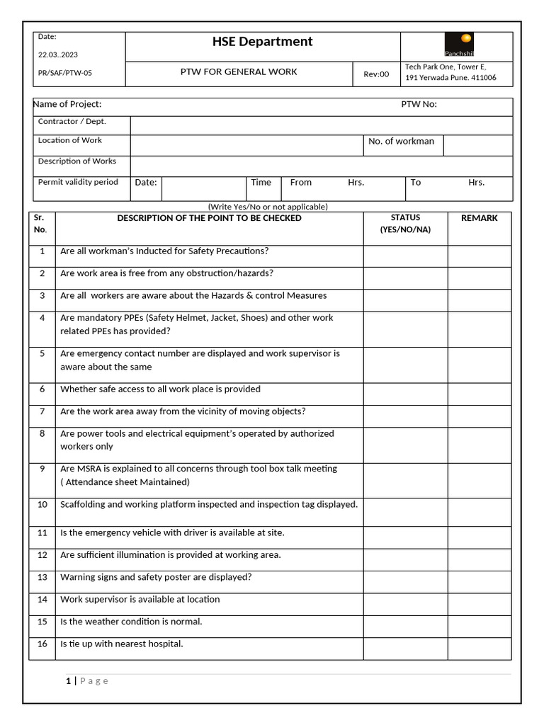 Ptw for General Work | PDF | Occupational Safety And Health | Safety Ptw for General Work | PDF | Occupational Safety And Health | Safety