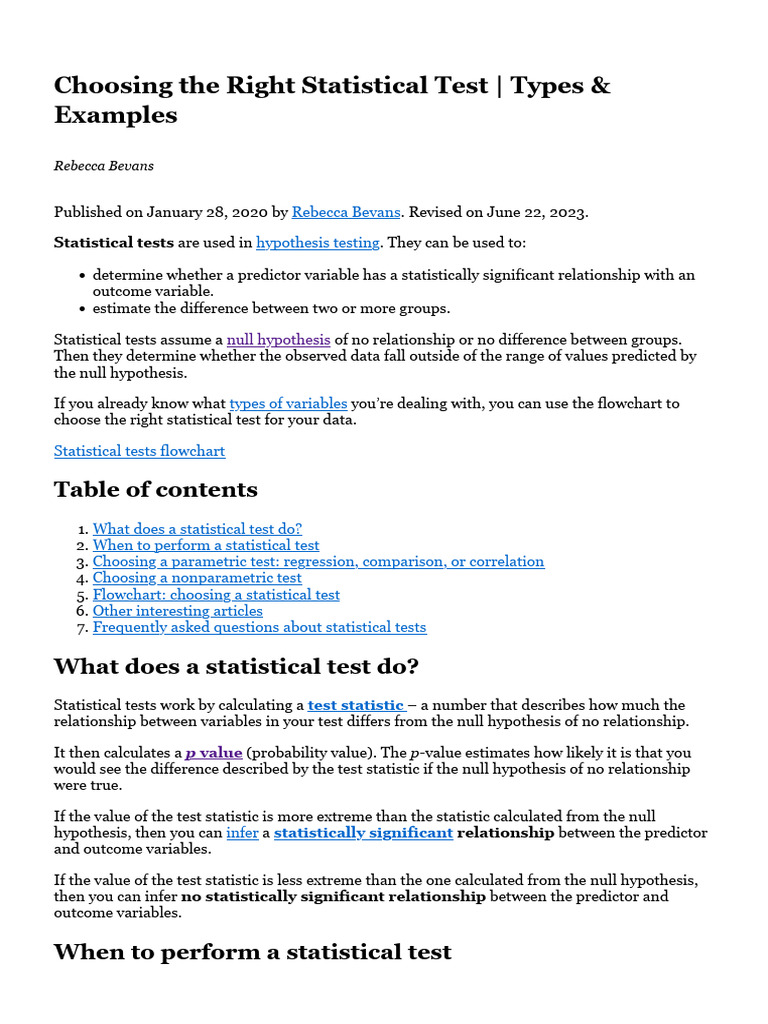 Choosing The Right Statistical Test - Types & Examples | PDF ...