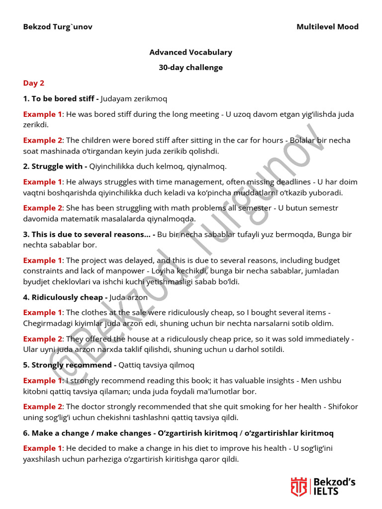 Advanced Vocabulary 30-Day Challenge | PDF