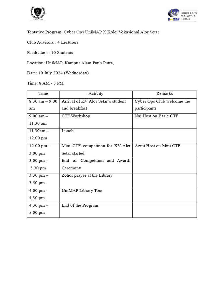 Tentatif Program KV Alor Setar | PDF