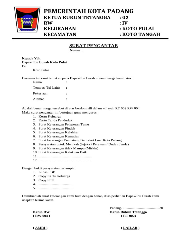 SURAT PENGANTAR RT 002 RW 004 | PDF