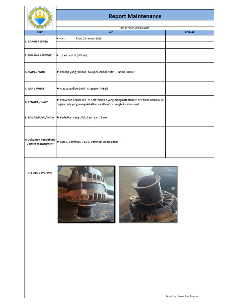 Report Maintenace Genset 2025 Altenator | PDF