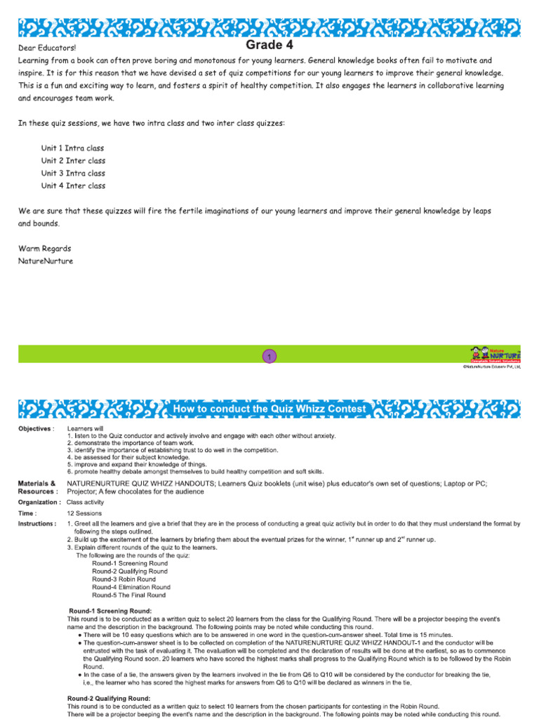 Quiz Whizz Grade 4 Unit 1 | PDF