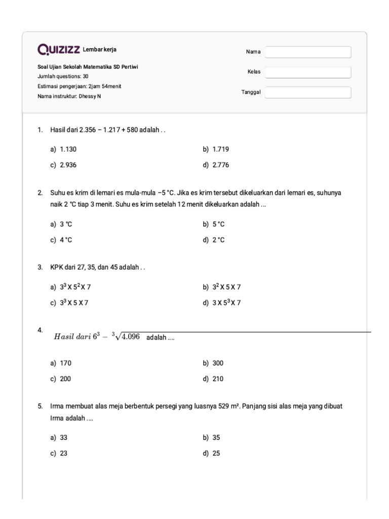 Soal Ujian Sekolah Matematika SD Pertiwi - Quizizz | PDF