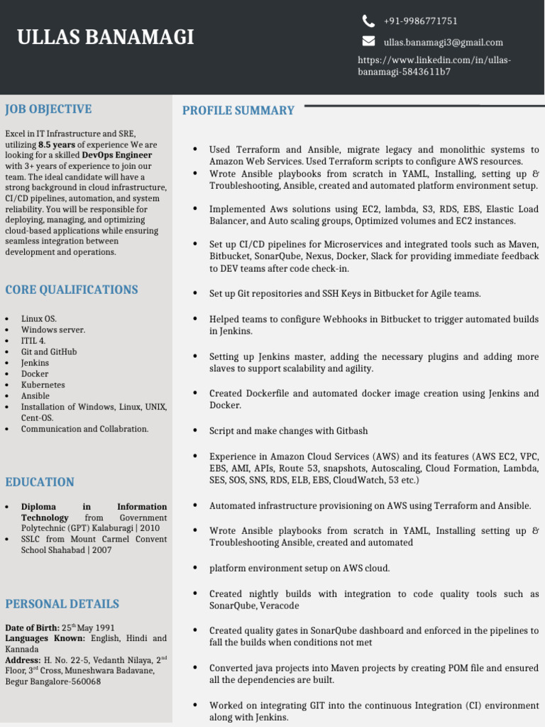 Ullas Banamagi Analyst - IT Infrastructure Resume | PDF | Cloud ...
