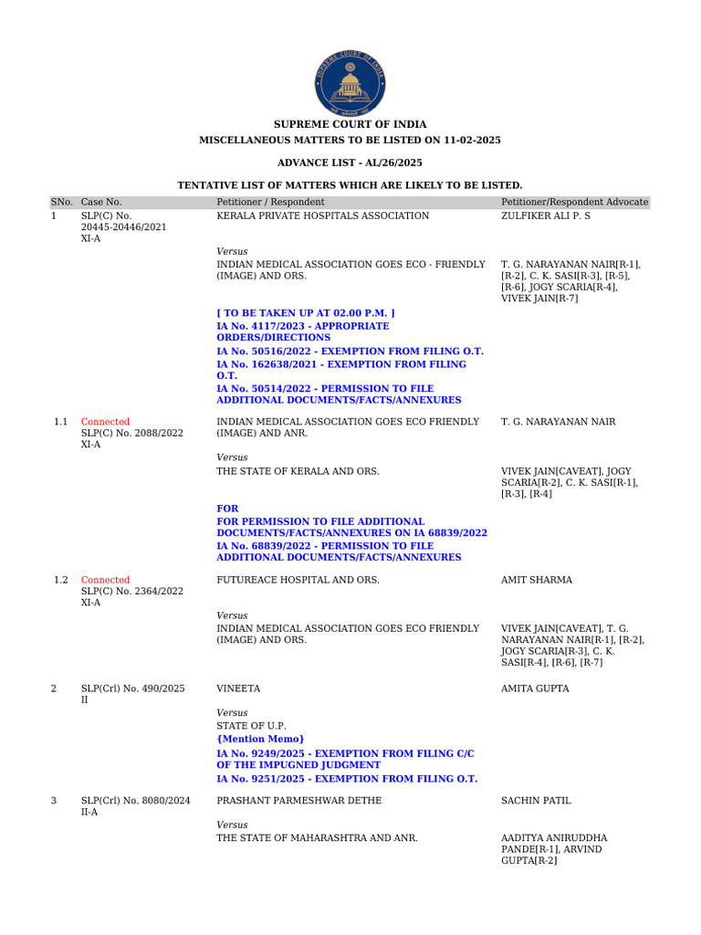 Miscellaneous Matters To Be Listed On 11-02-2025 ADVANCE LIST - AL/26/2025 Tentative List of ...
