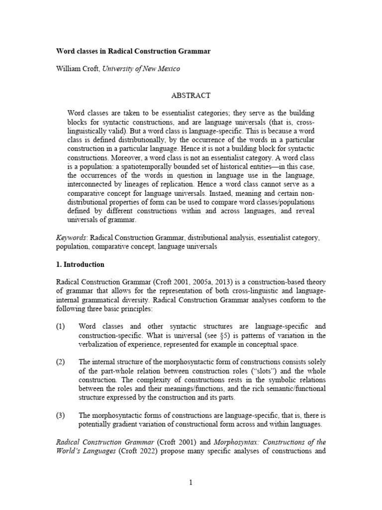 Croft - 2021 - Word Classes in Radical Construction Grammar | PDF ...