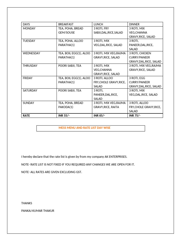 Weekly Mess Menu and Rates | PDF