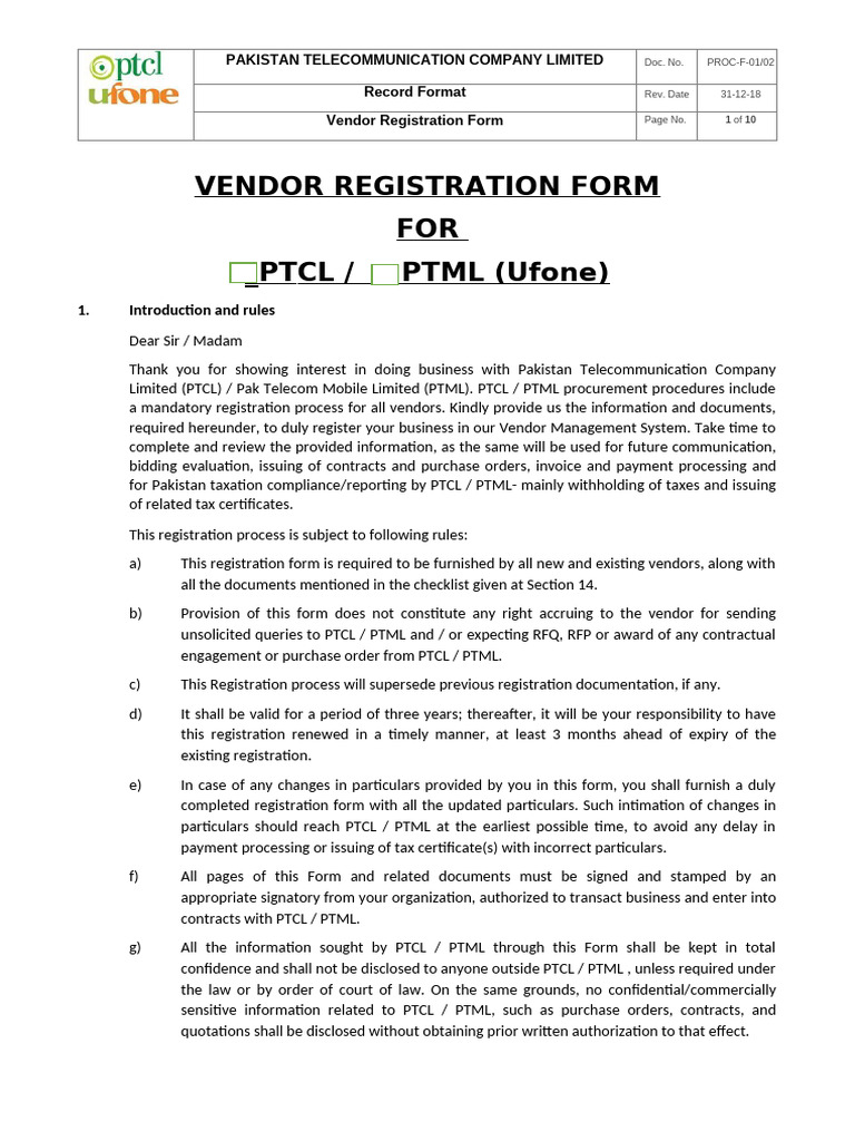 1 - New Vendor Registration Form PTCL-Ufone (PROC-F-01-01) | PDF ...