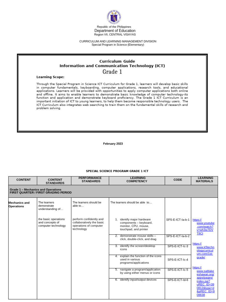 Sps Grade 1 Elective Ict v2 | PDF | Educational Technology | World Wide Web