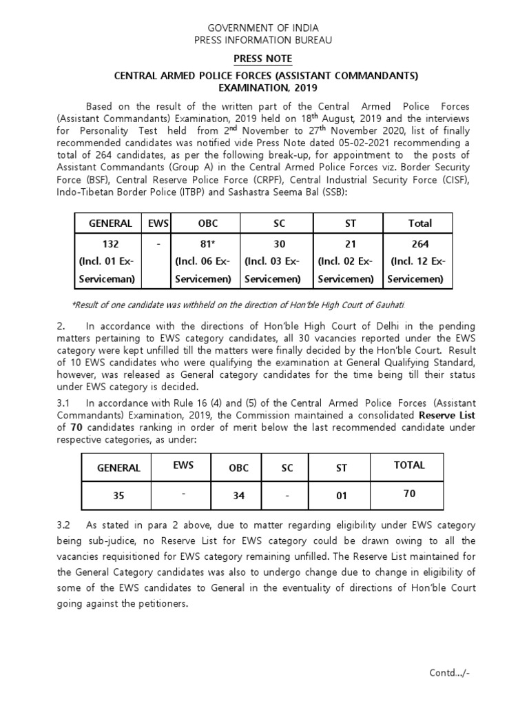 CAPF Assistant Commandants 2019 Results | PDF | Military Police ...