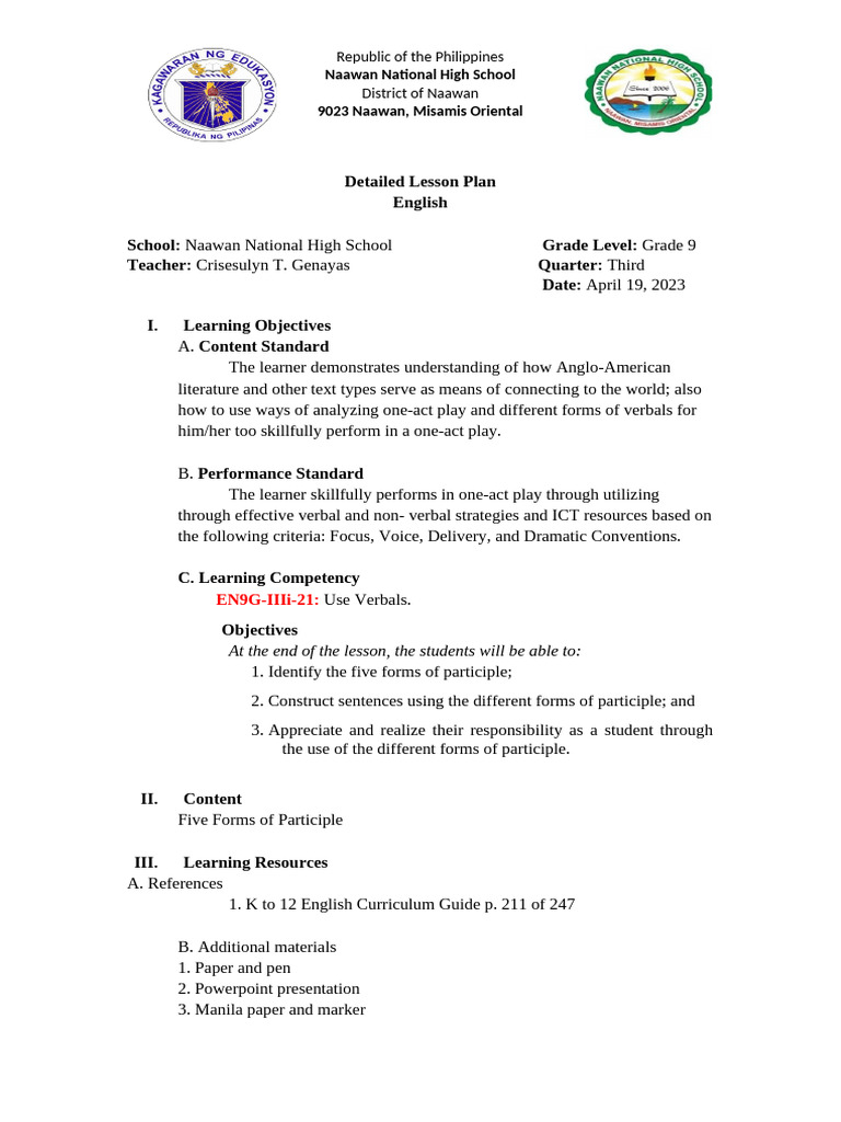 Detailed Lesson Plan Final Demo | PDF | Verb | Adjective