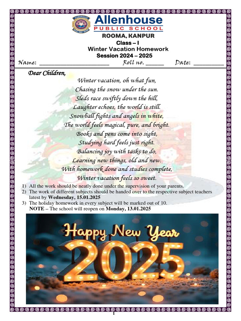 Class I Winter Vacation Homework 2024-2025 | PDF | Trees