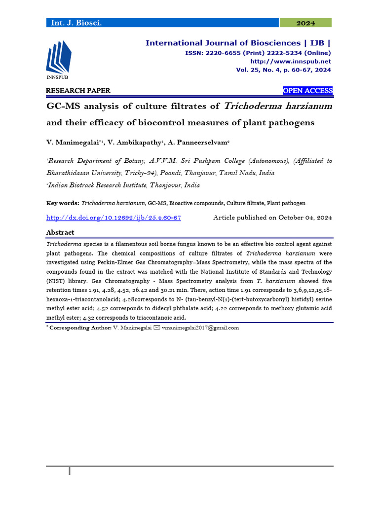 GC-MS Analysis of Trichoderma harzianum Filtrates | PDF | Gas ...