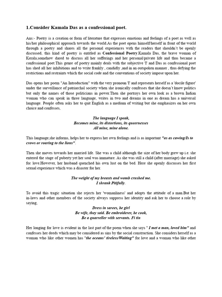 Kamala Das QS | PDF | Love | Poetry