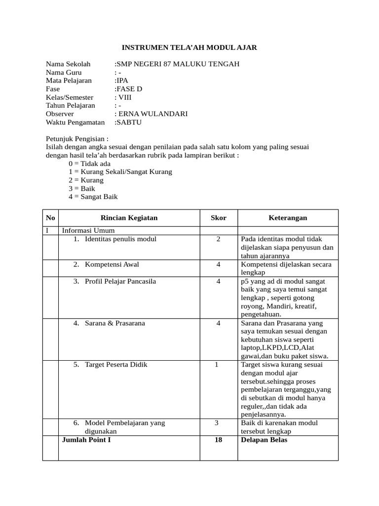 INSTRUMEN Telaah Erna Wulandari Modul Ajar SMP | PDF