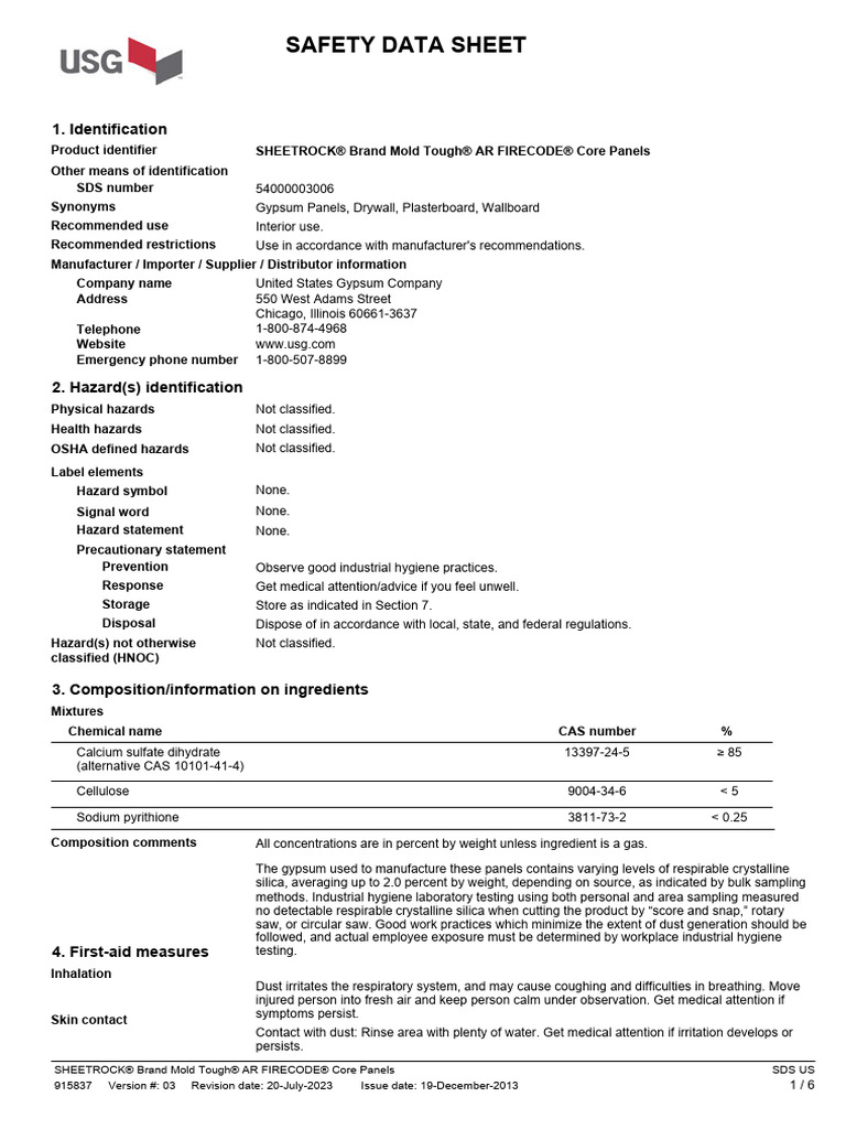 MSDS Drywall Fired Rated (USG Boral) | PDF | Drywall | Hazardous Waste