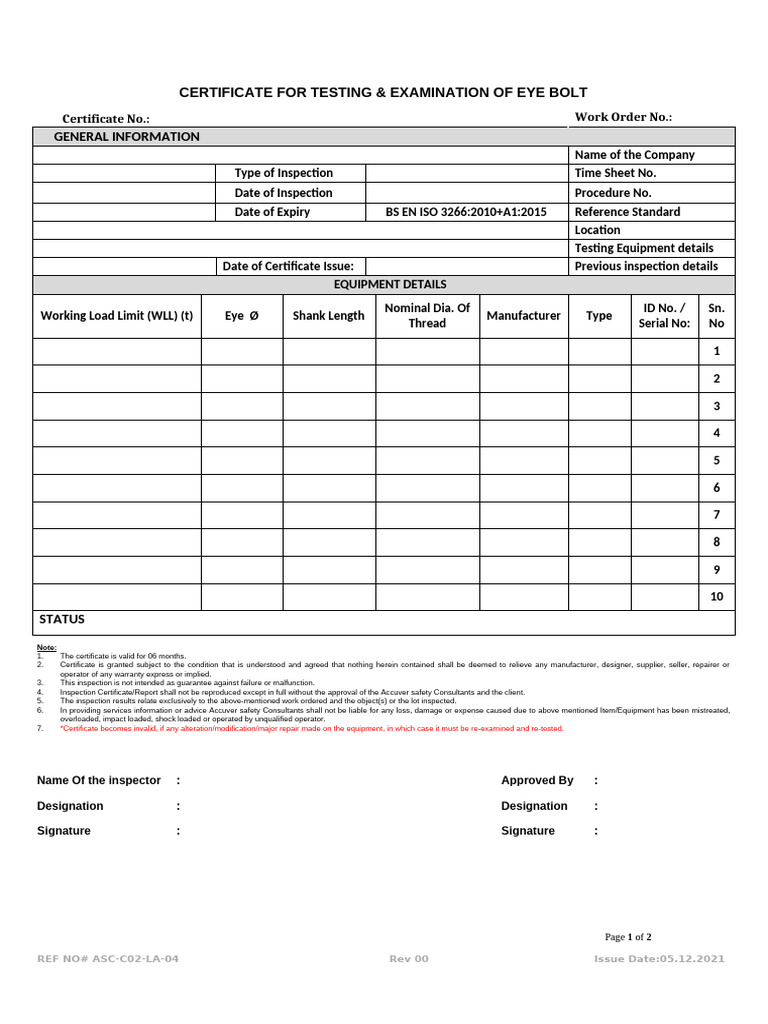 Eye Bolt Testing Certificate Overview | PDF