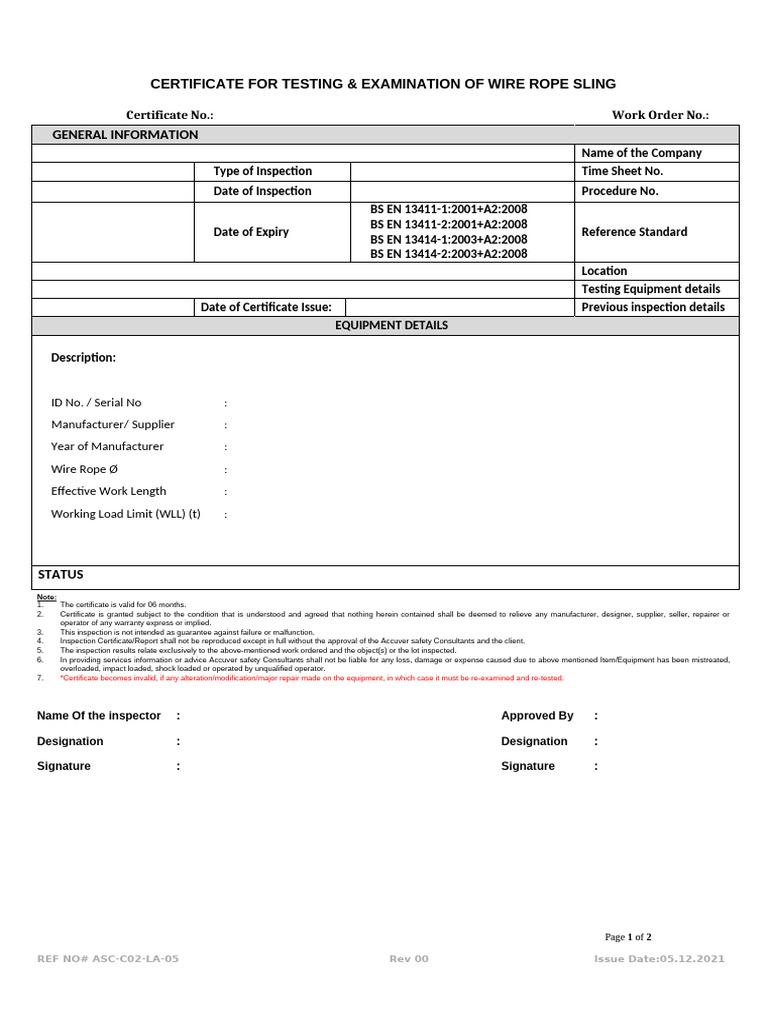 Wire Rope Sling Inspection Certificate | PDF | Rope