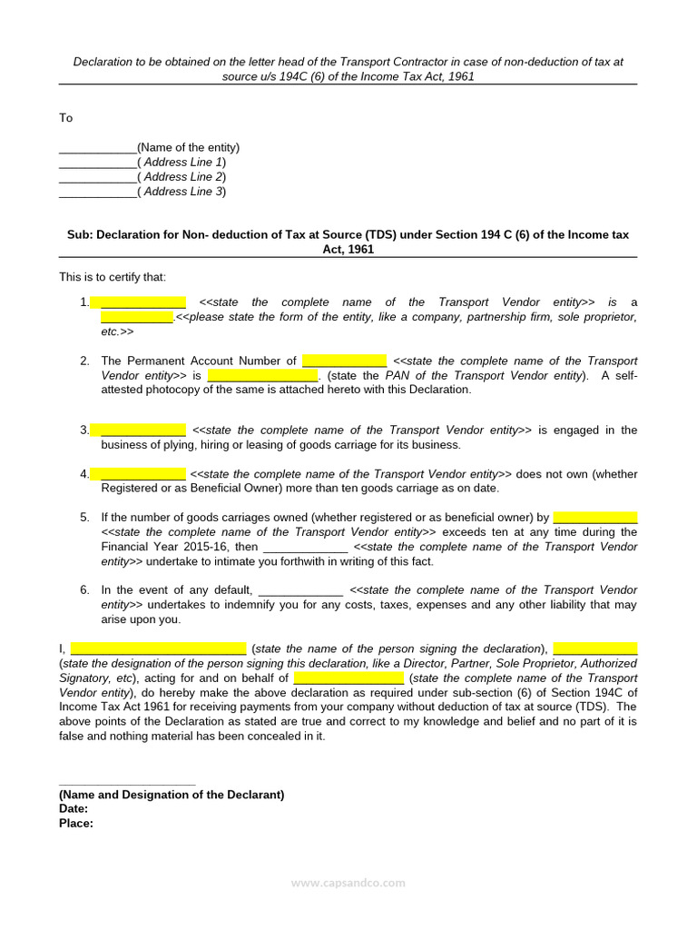 TDS Declaration From Transporter For 194C | PDF | Taxes | Business