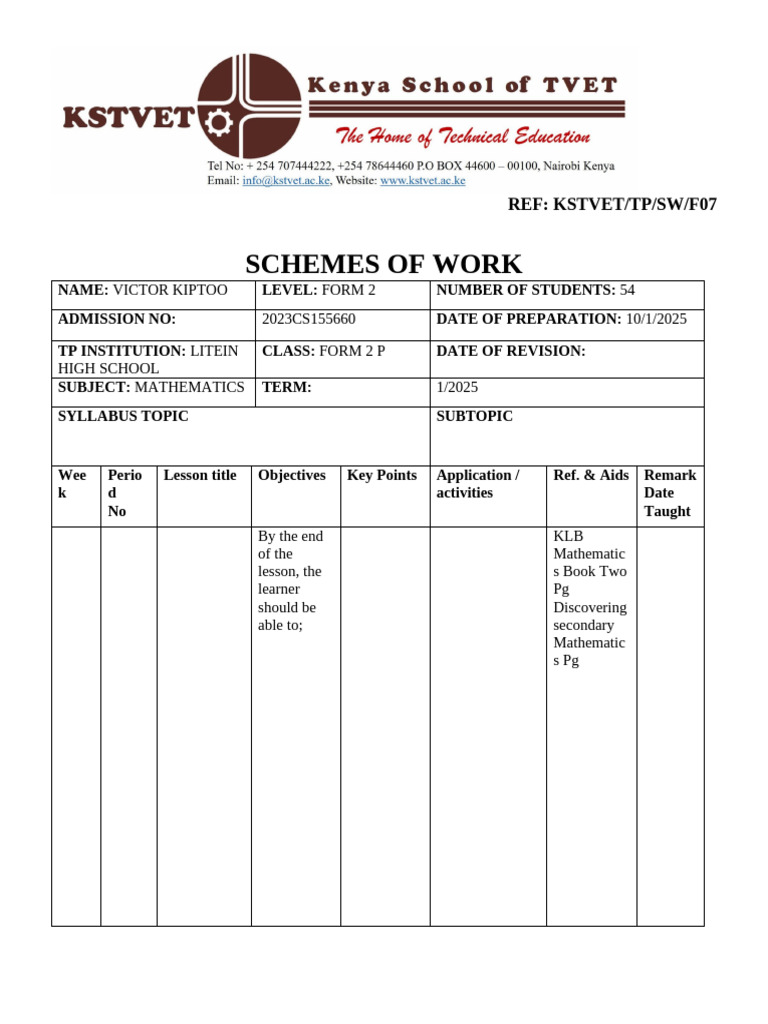 SCHEMES OF WORK - Mathematics | PDF