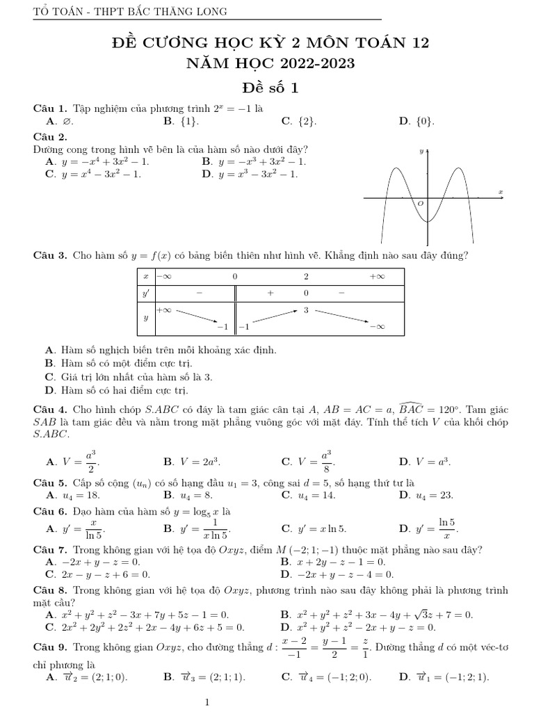De Cuong Hoc Ky 2 Toan 12 Nam 2022 2023 Truong THPT Bac Thang Long Ha Noi | PDF