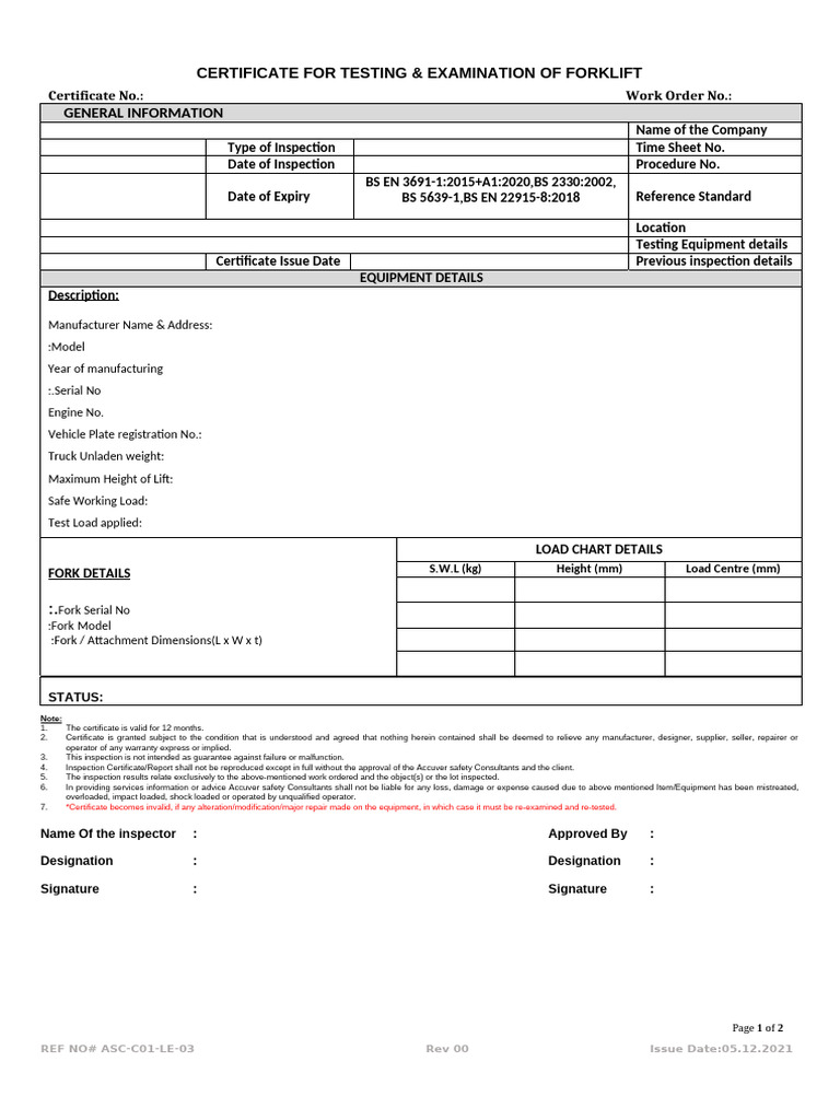 Forklift Load Test Certificate | PDF | Forklift | Manual Transmission