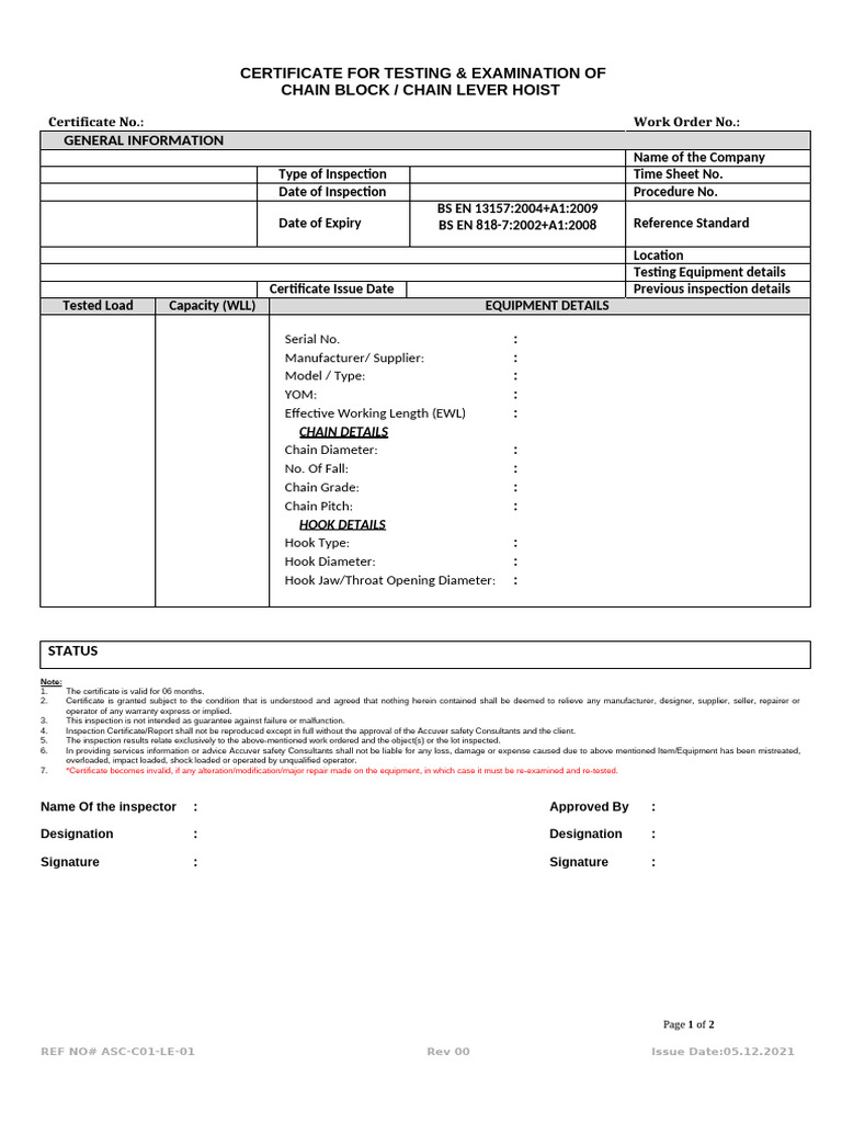 Chain Block and Hoist Inspection Certificate | PDF
