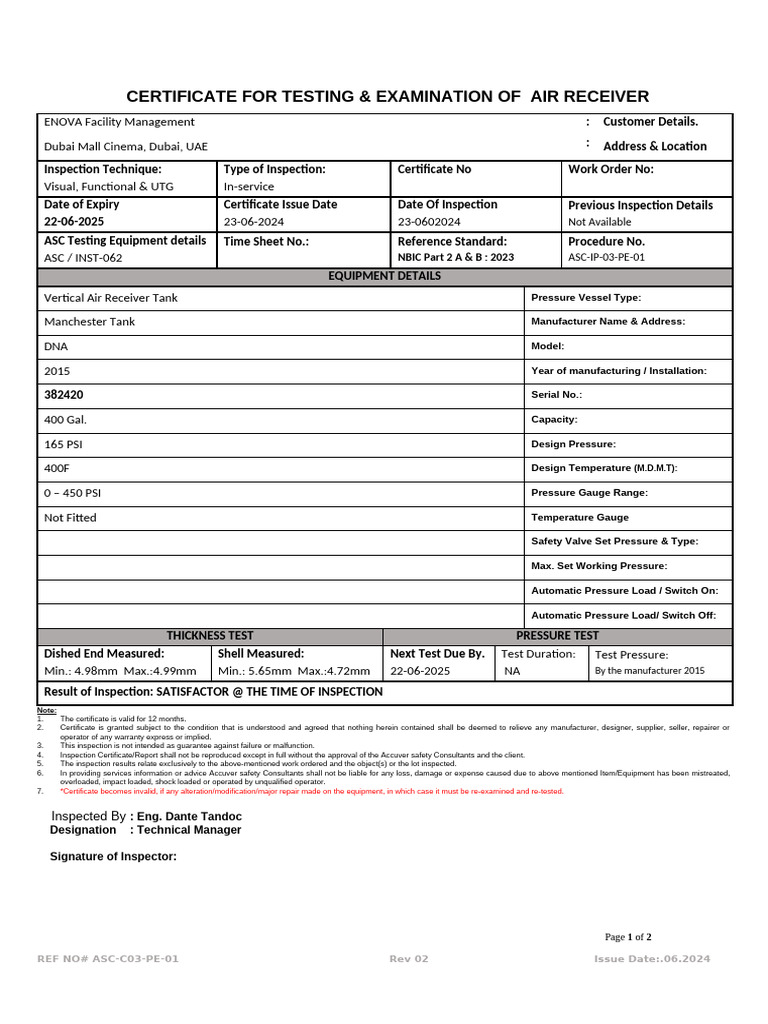 PE-01 AIR RECEIVER CERTIFICATE Rev-01 | PDF | Valve | Mechanical ...